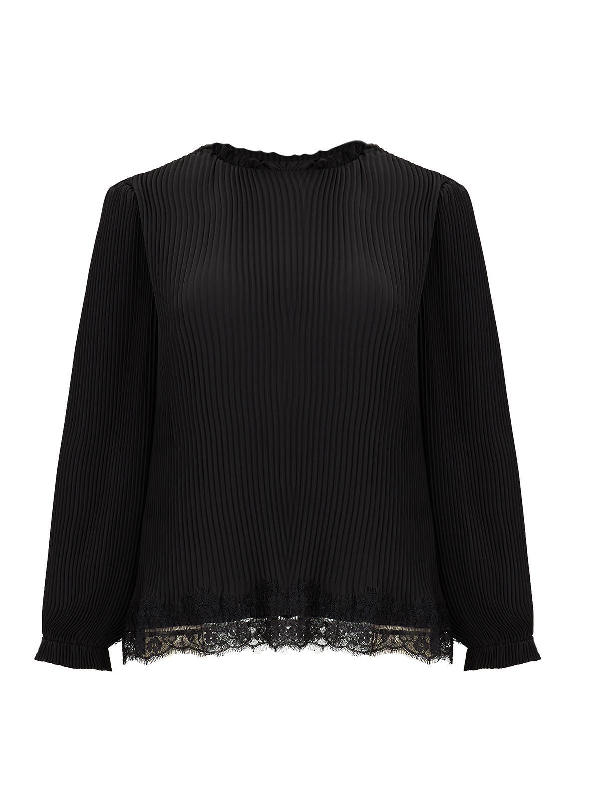 Pleated high-neck blouse with lace hem | mat fashion